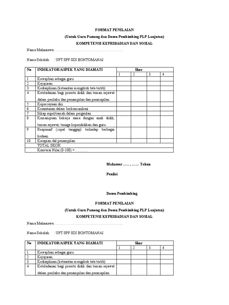 Format Penilaian Dospem Dan Guru Pamong | PDF