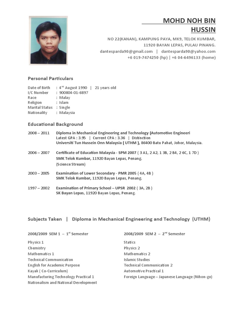 Mohd Noh Bin Hussin: Personal Particulars | PDF | Science And Technology | Engineering