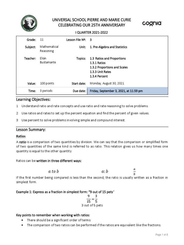Math 11th Grade Lesson File 3 2021-22 | PDF | Percentage | Ratio