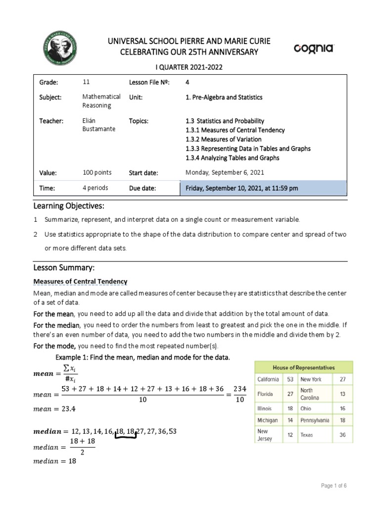 Pre-Algebra Statistics Lesson Plan | PDF | Quartile | Mean