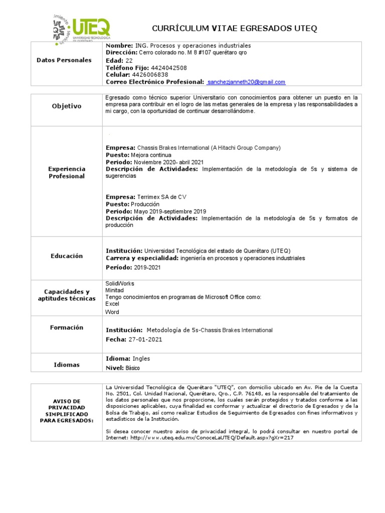 Formato de CV - Uteq-Eje-Janneth Sanchez | PDF | Informática
