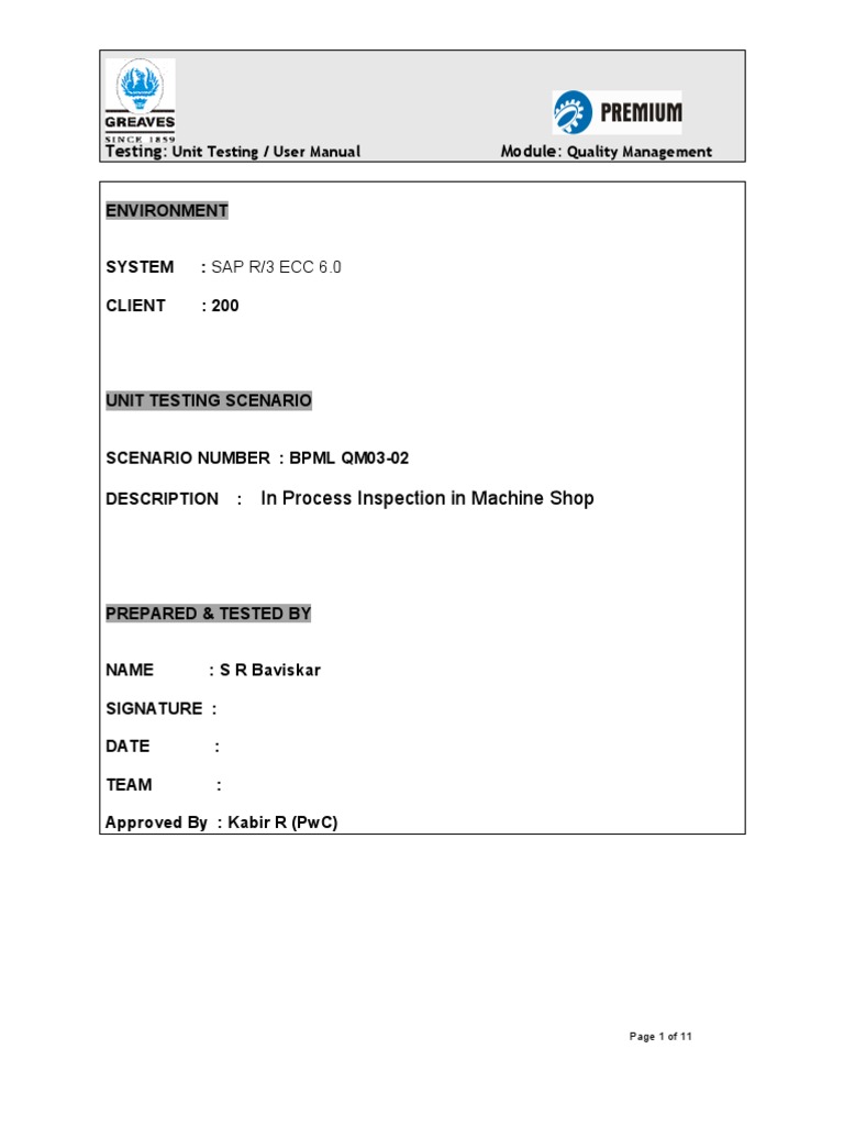In Process Inspection in Machine Shop: Unit Testing / User Manual ...
