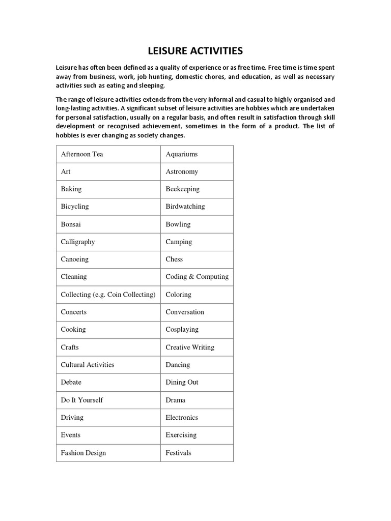 Leisure Activities | PDF | Leisure | Hobbies