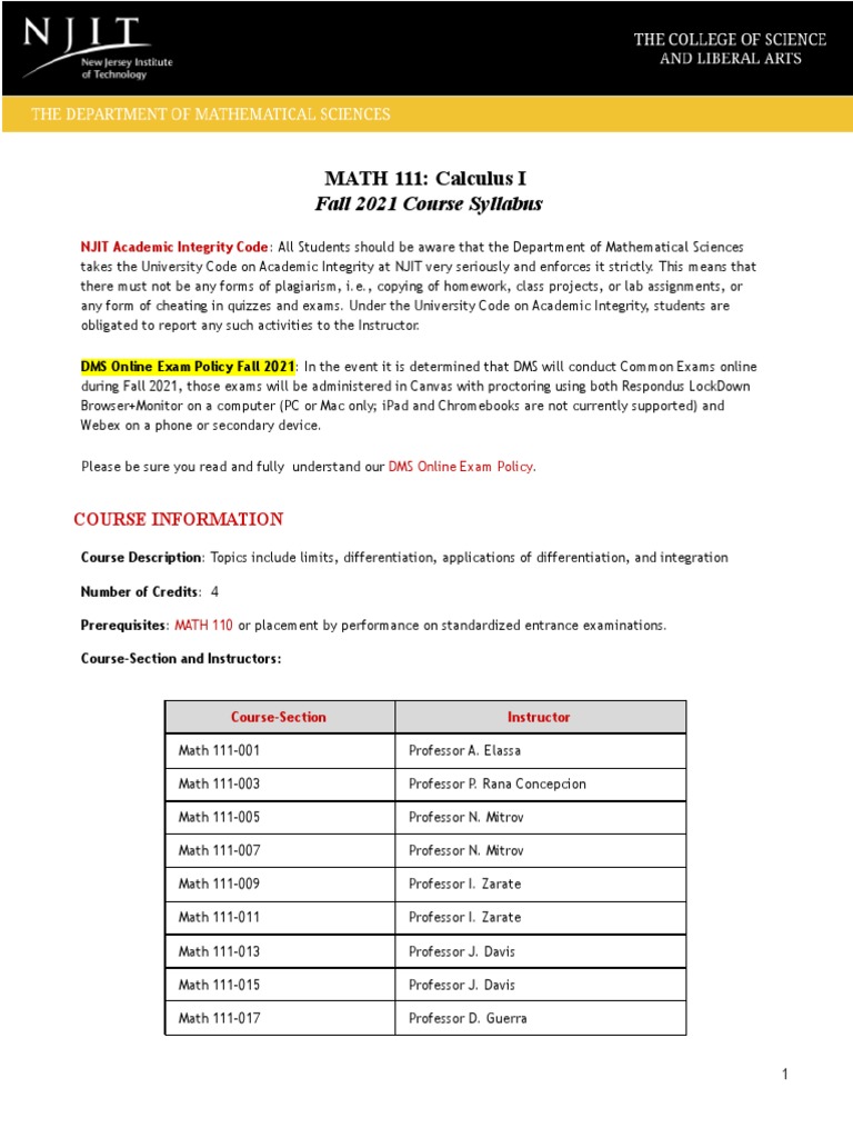 Fall 2021 Course Syllabus: MATH 111: Calculus I | PDF | Derivative ...
