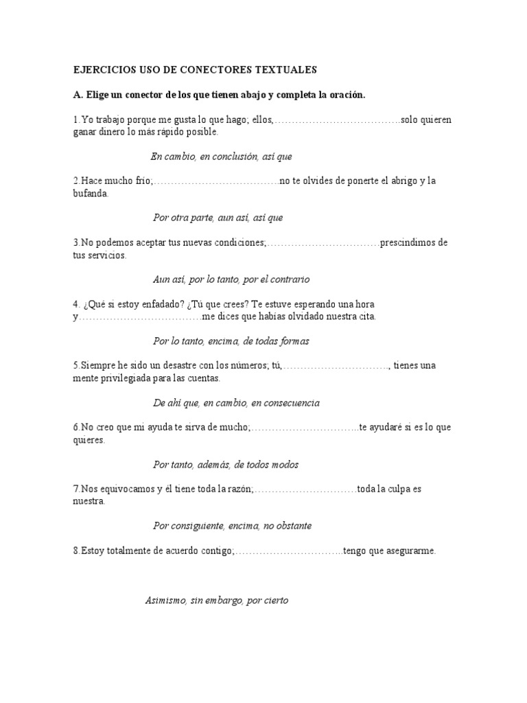 Ejercicios Uso de Conectores Textuales | PDF