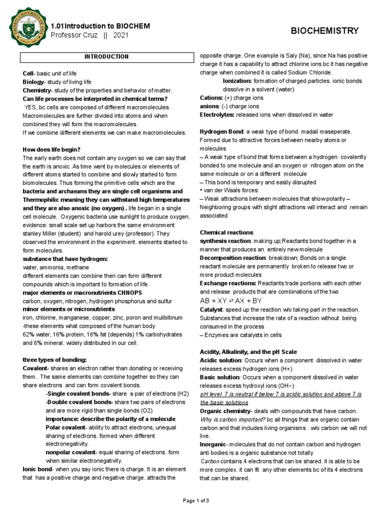Trans Lecture Intro To Biochem | PDF | Ion | Nucleic Acids