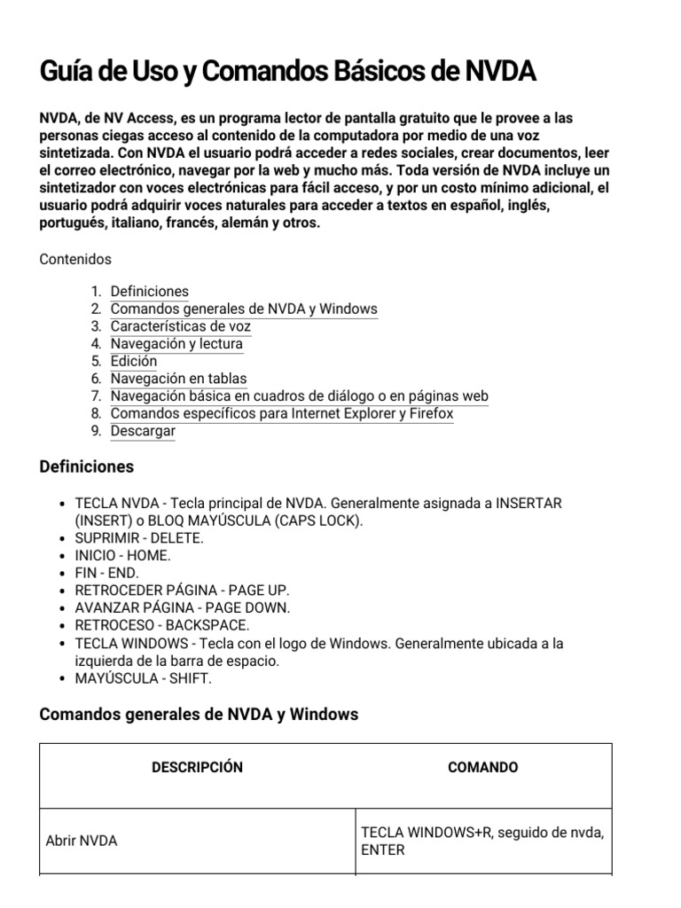 Guía de Uso y Comandos Básicos de NVDA - Programa de Asistencia Tecnológica de Puerto Rico | PDF ...