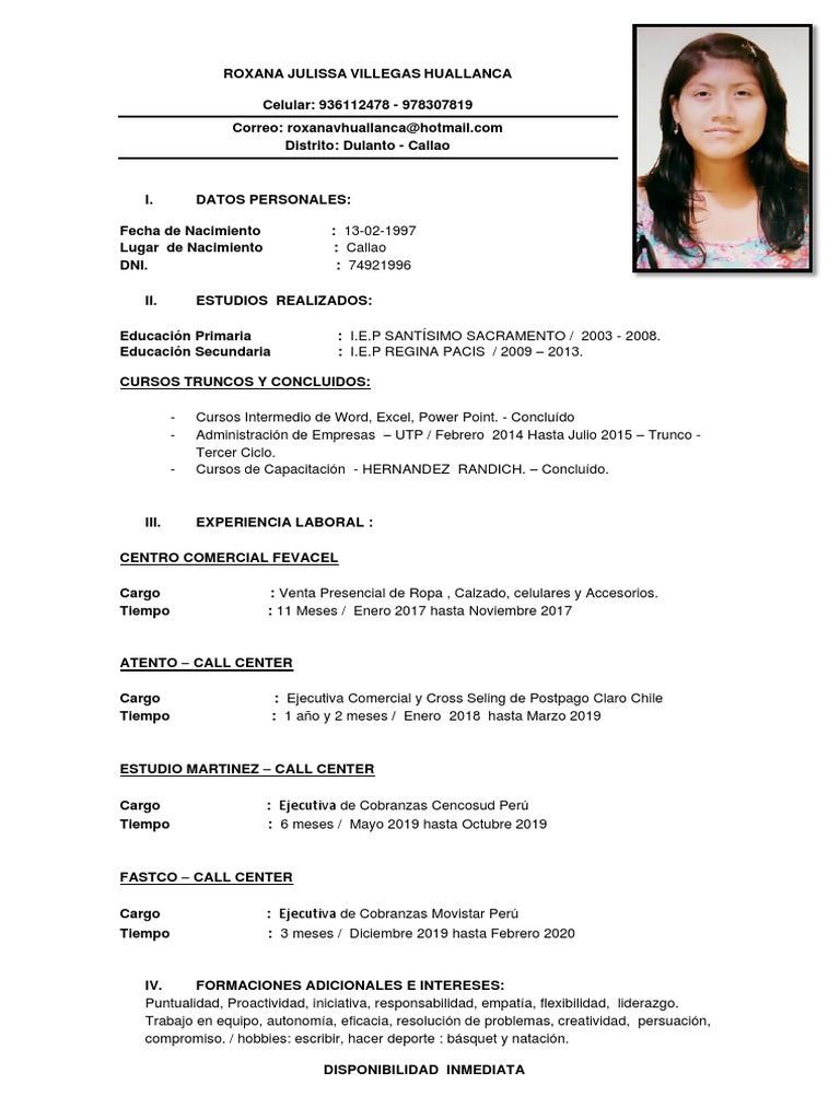CV ROXANA VILLEGAS - Roxana Villegas | PDF