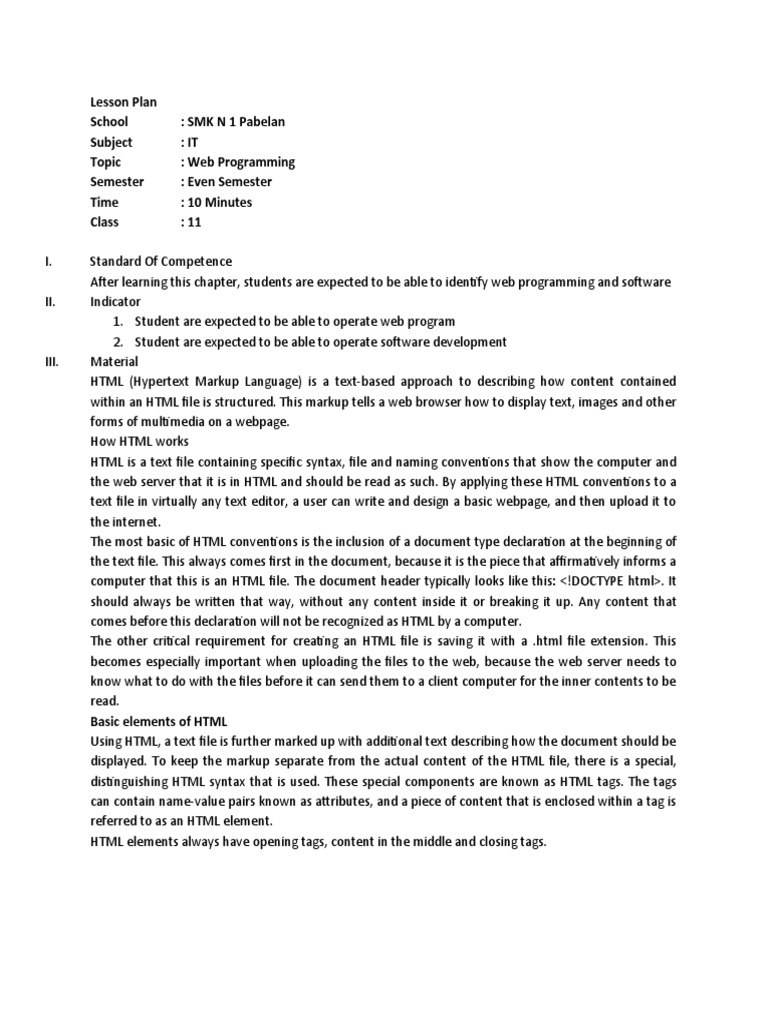 Lesson Plan School: SMK N 1 Pabelan Subject: It Topic: Web Programming ...