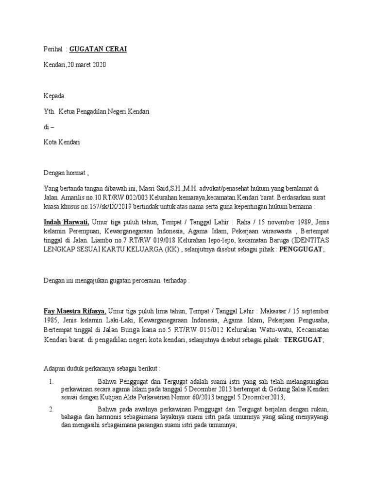 Contoh Surat Gugatan Cerai | PDF