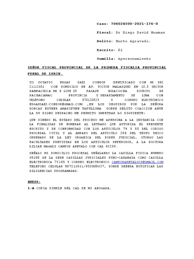 Apersonamiento Fiscalia Lurin 2021 Agravado Word | PDF