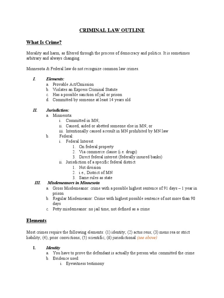 Criminal Law Outline What Is Crime?: I. Elements | PDF | Malice ...