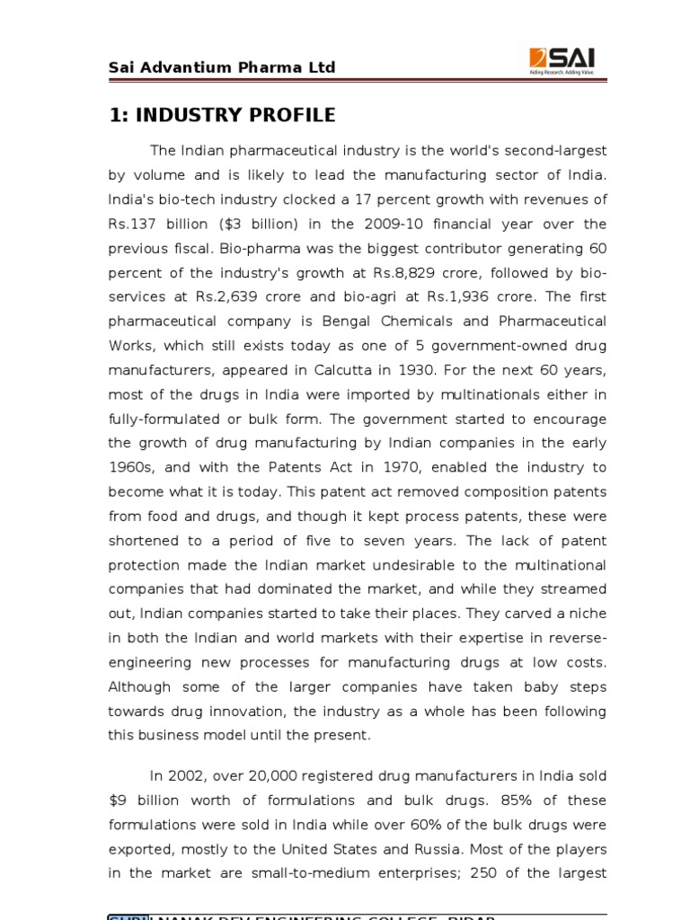 1: Industry Profile: Sai Advantium Pharma LTD | PDF | Pharmaceutical Formulation | Enterprise ...