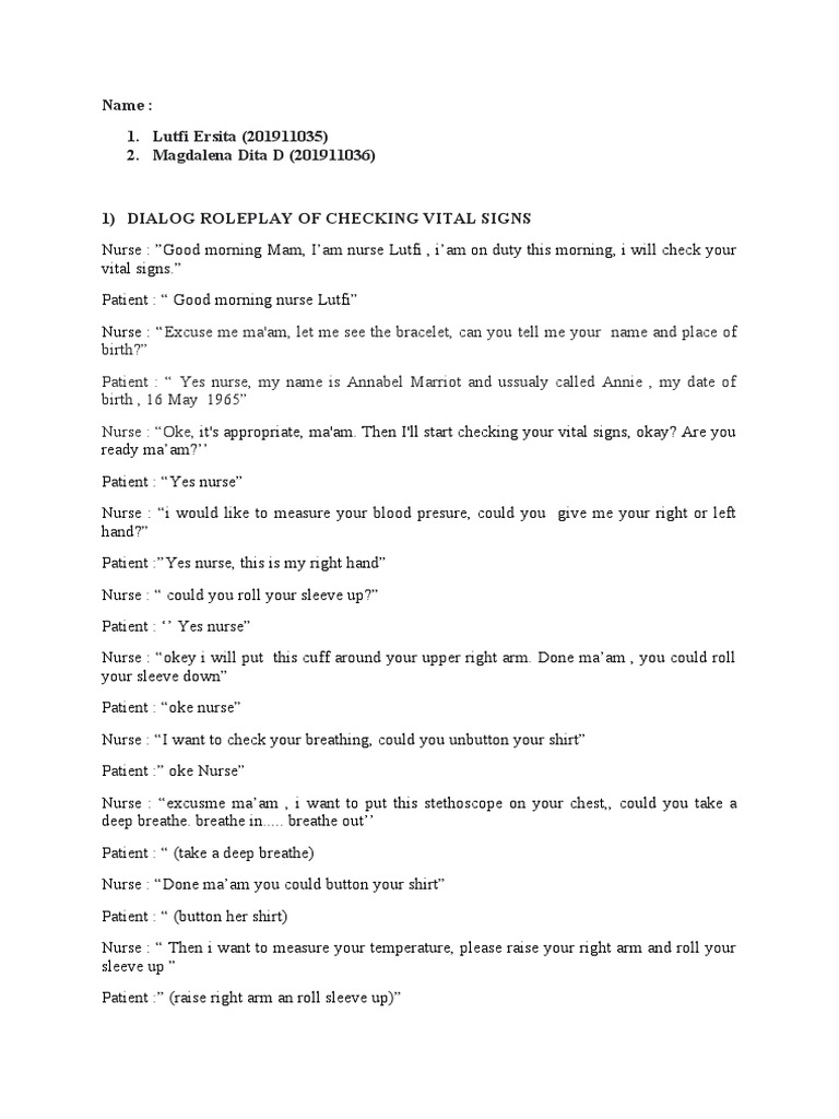 Dialog Roleplay Checking Vital Signs and Giving Injection | PDF ...