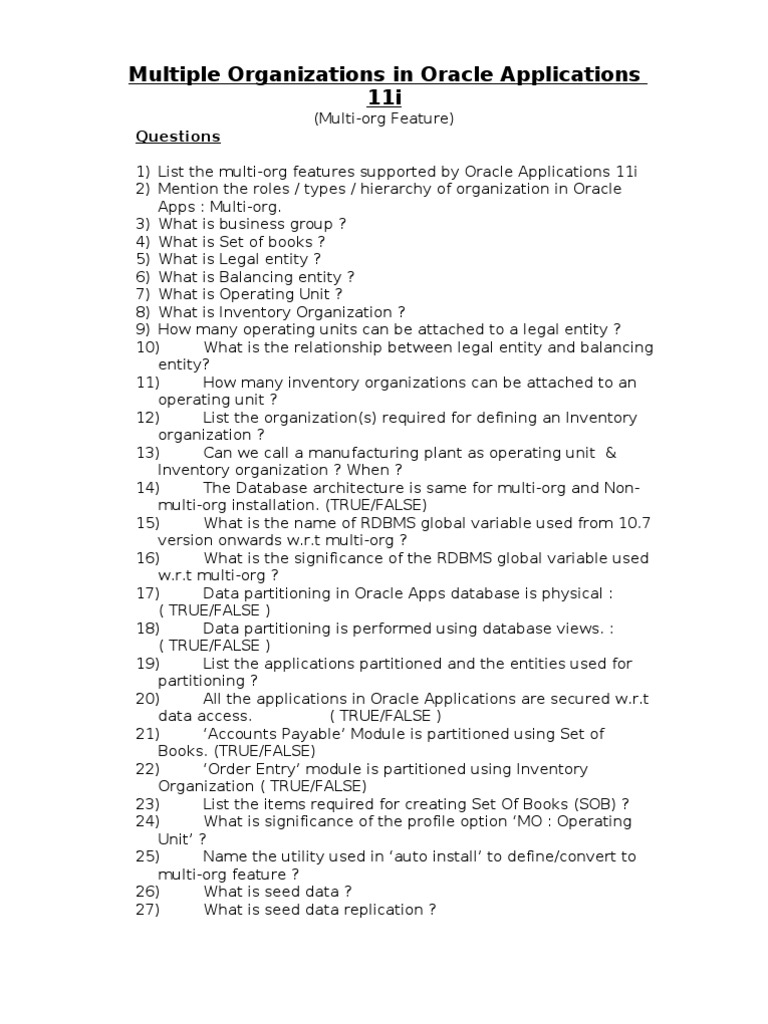 Multiple Organizations in Oracle Applications 11i: Questions | PDF | Relational Database | Databases