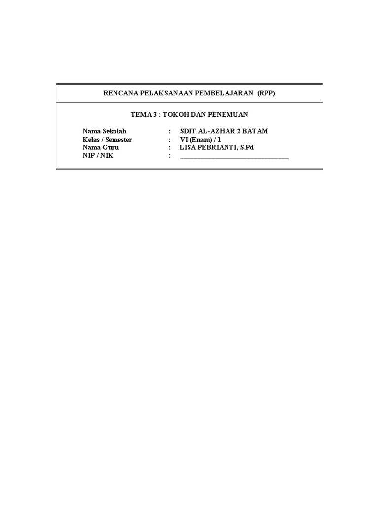 RPP KELAS 6 TEMA 3 - Tokoh Dan Penemuan | PDF