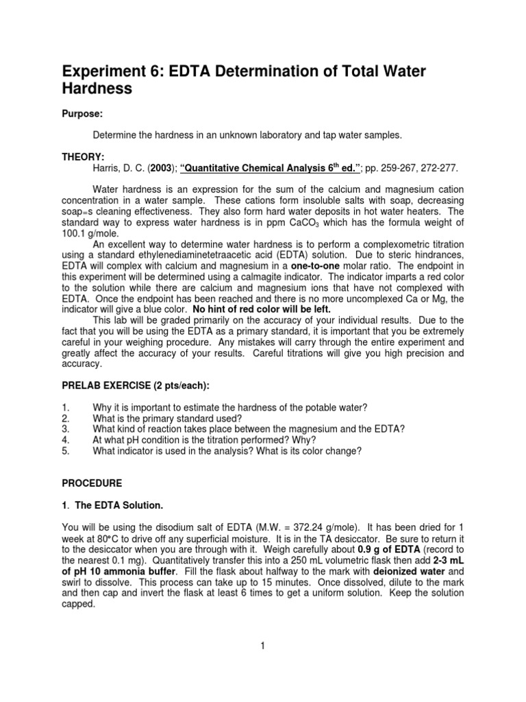 EDTA Method for Water Hardness Analysis | PDF | Titration | Chemistry