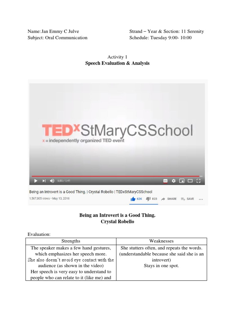 TED TALK Speech Analysis | PDF | Speech | Extraversion And Introversion