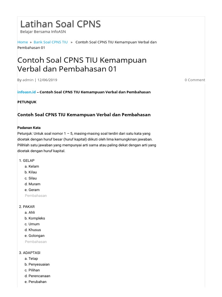 Contoh Soal CPNS TIU Kemampuan Verbal Dan Pembahasan 01 - Latihan Soal CPNS | PDF