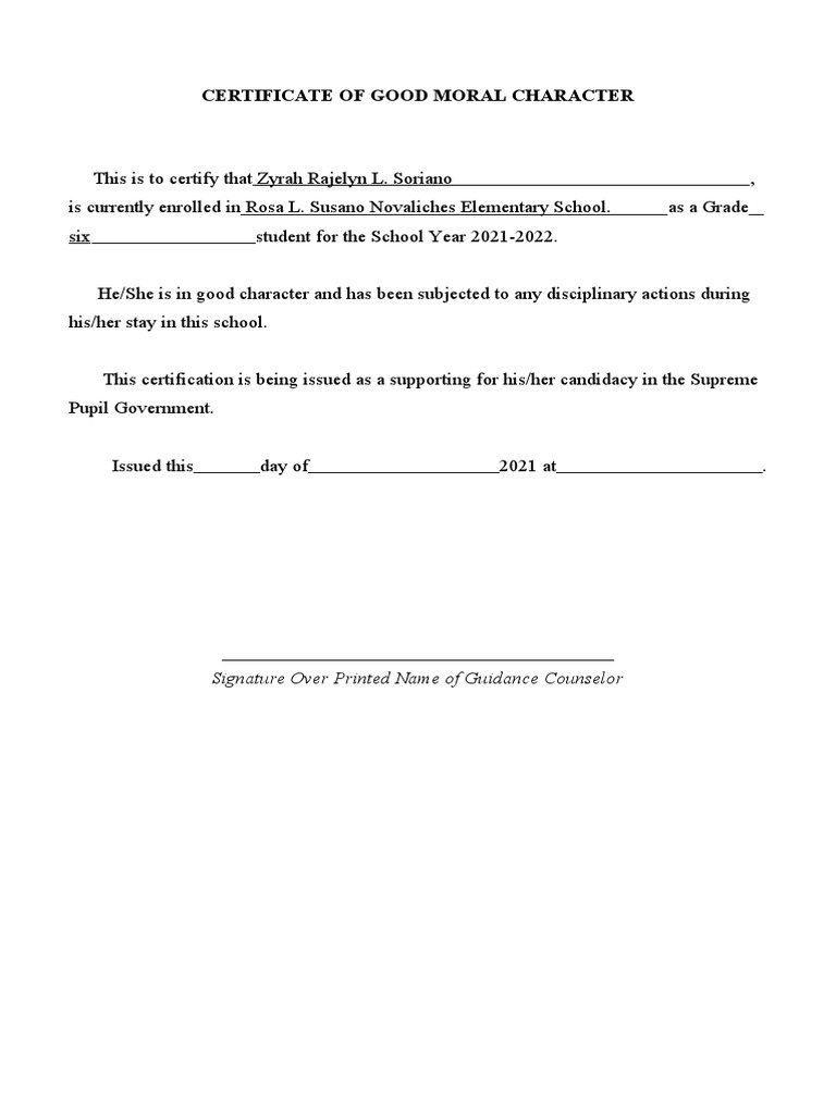 Certification of Good Moral Character01 | PDF | Wellness