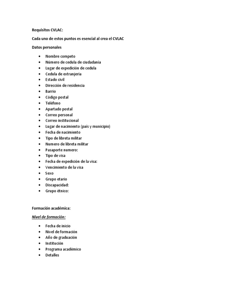 Requisitos Esenciales para CVLAC | PDF | Crecimiento personal y profesional