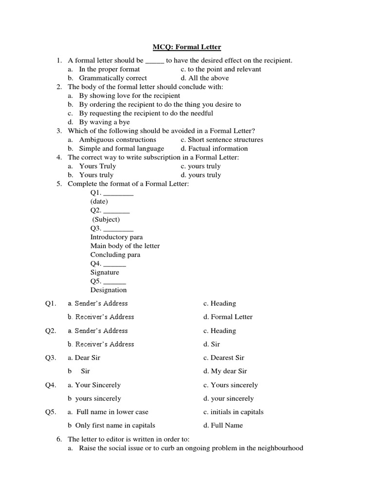 MCQ - Formal Letter | PDF | Cognitive Science | Human Communication