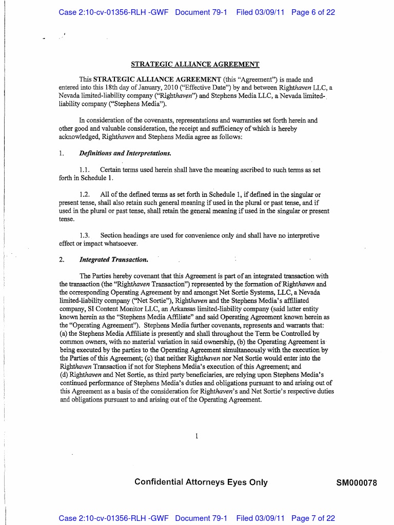 Strategic Alliance Agreement Between Righthaven and Stephens Media ...