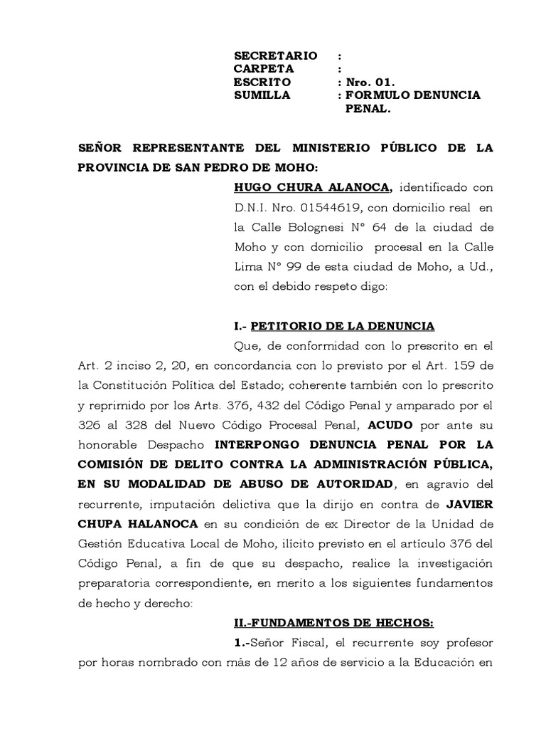 Formulo Denuncia Penal - Abuso de Autoridad | PDF | Derecho penal | Conceptos legales