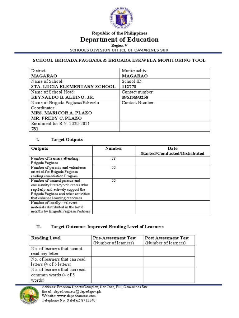 Monitoring Tool Brigada Eskwela and Pagbaasa | PDF | Learning ...