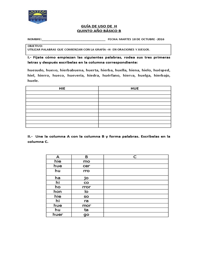 Palabras con H: Ejercicios y Juegos para Quinto Año | PDF