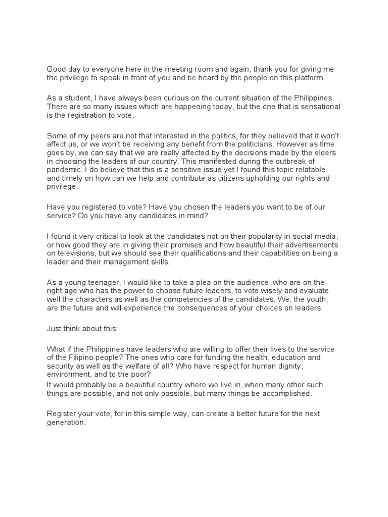 Sample Speech On Voting Responsibly | PDF | Social Science