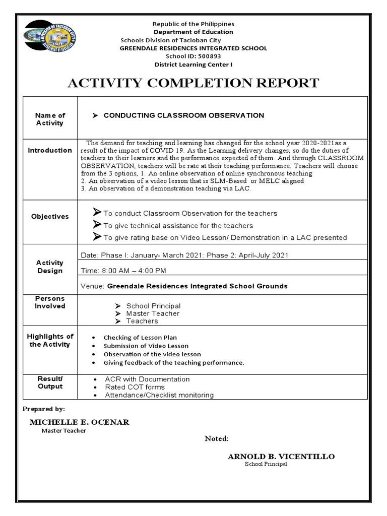 Activity Completion Report: Michelle E. Ocenar | PDF | Teachers | Classroom