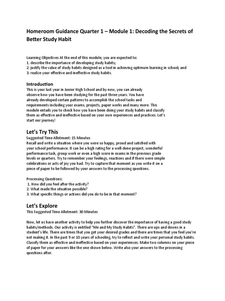 Homeroom Guidance Quarter 1 - Module 1: Decoding The Secrets of Better ...