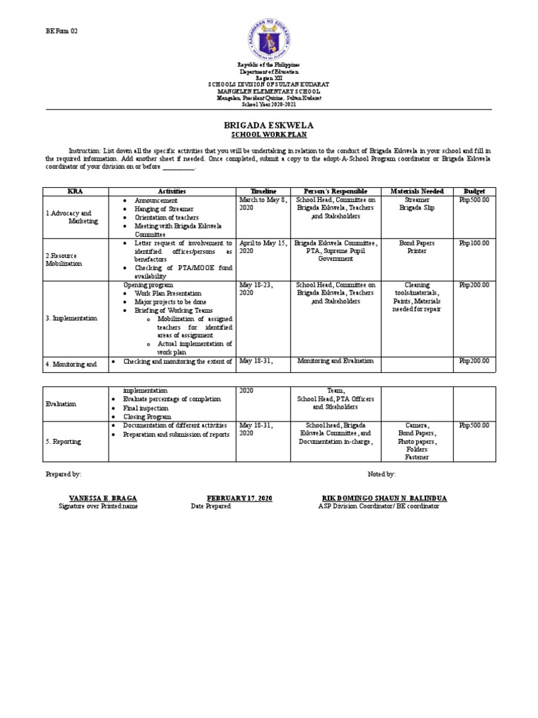 Be Form 2 - School Work Plan | PDF