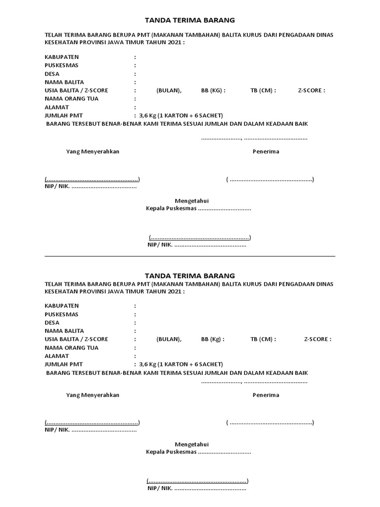 Tanda Terima PMT Balita Kurus 2021 | PDF