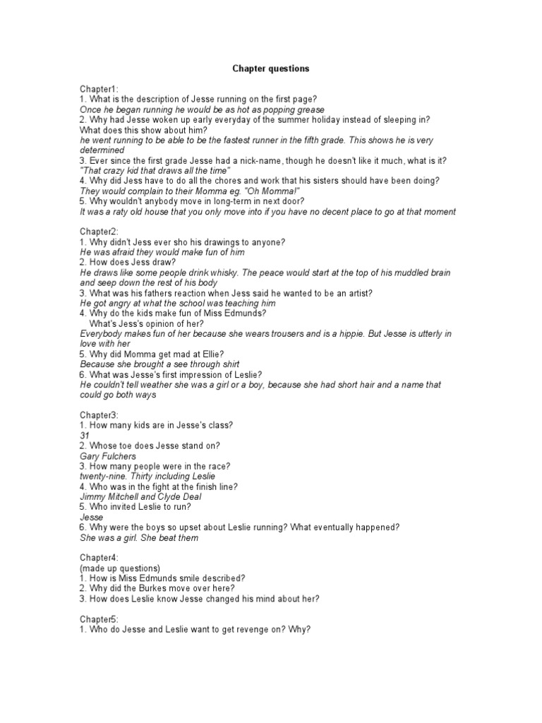 Bridge to Terabithia Chapter Questions | PDF | Mystery, Thriller ...