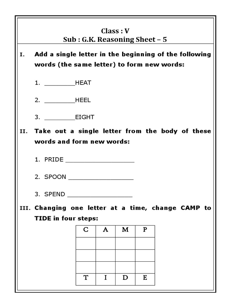 CBSE Class 5 GK Worksheet (1) - Reasoning Sheet | PDF