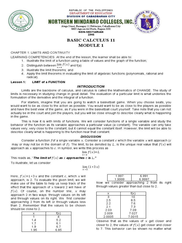 Northern Mindanao Colleges, Inc.: Basic Calculus 11 | PDF | Function ...