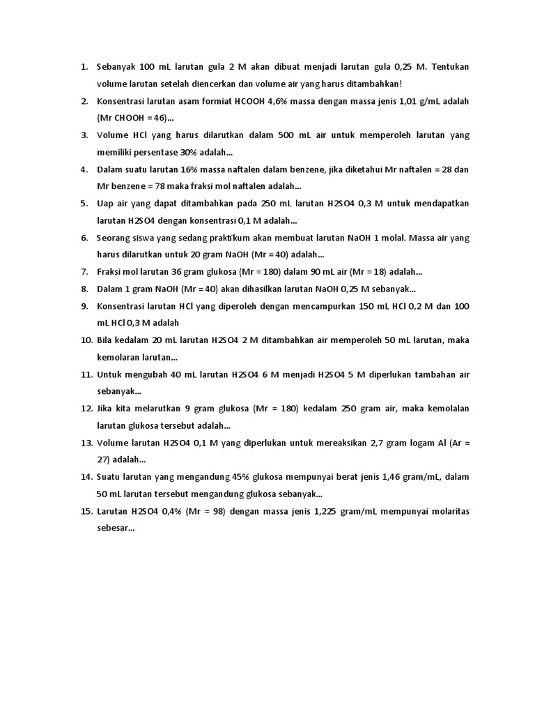 Contoh Soal Kimia (Konsentrasi Larutan) | PDF