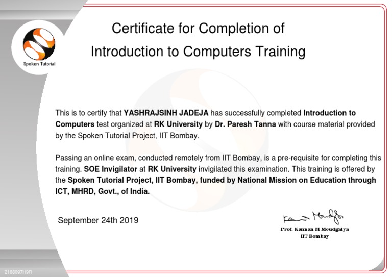 Certificate For Completion of Introduction To Computers Training | PDF | Computers
