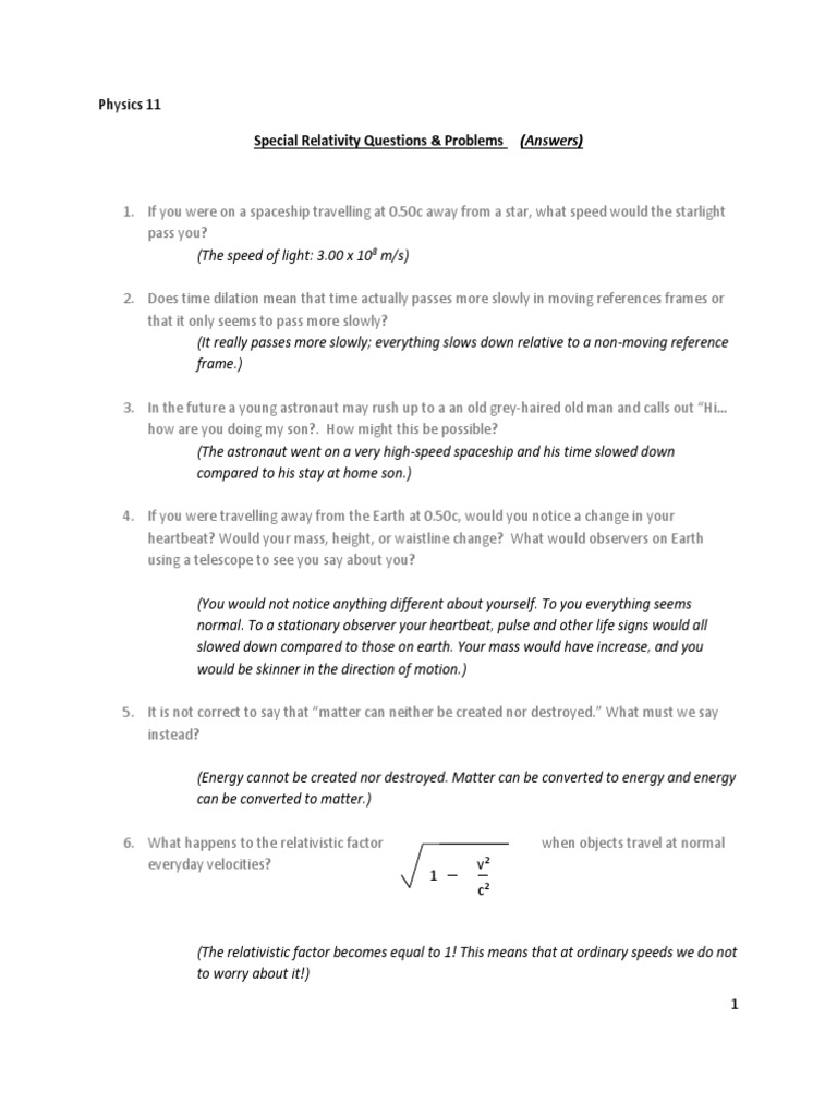 Relativity Worksheet 08 Answers | PDF | Special Relativity | Mass