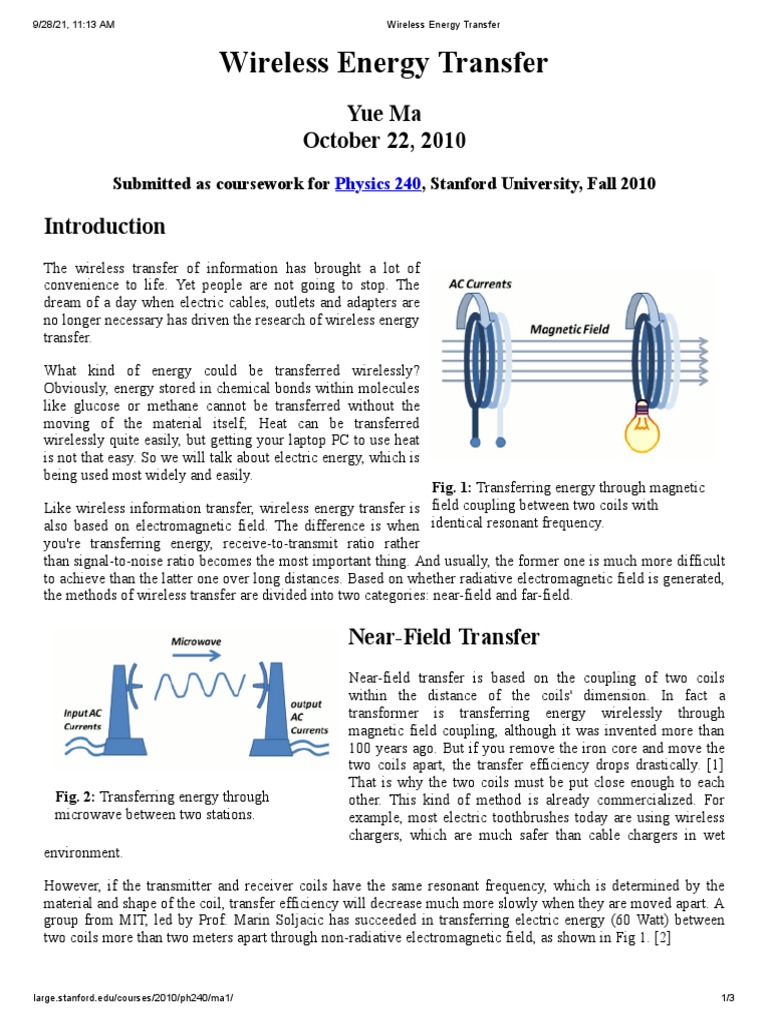 Wireless Energy Transfer: Yue Ma October 22, 2010 | PDF ...