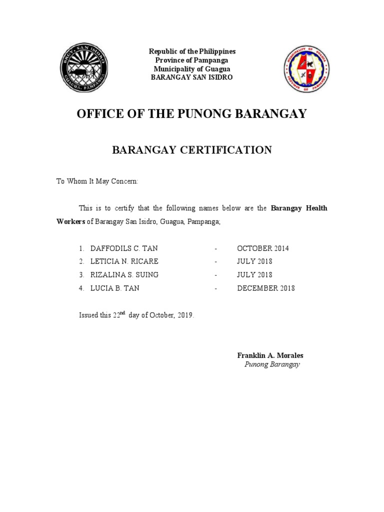 Barangay Health Workers Certification | PDF