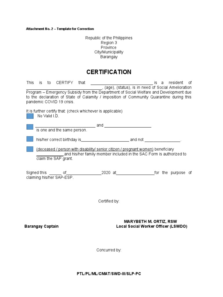 Barangay Certification for SAP Claim | PDF
