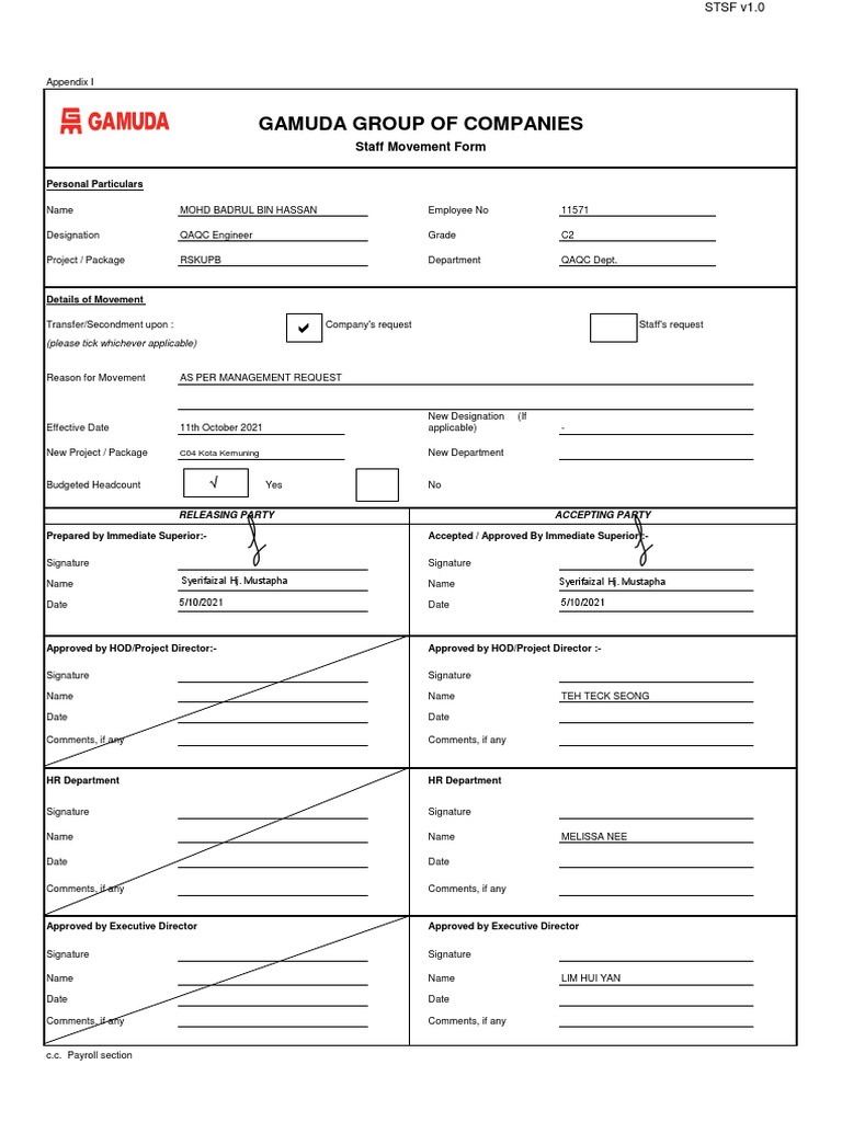 Gamuda Group of Companies: Staff Movement Form | PDF