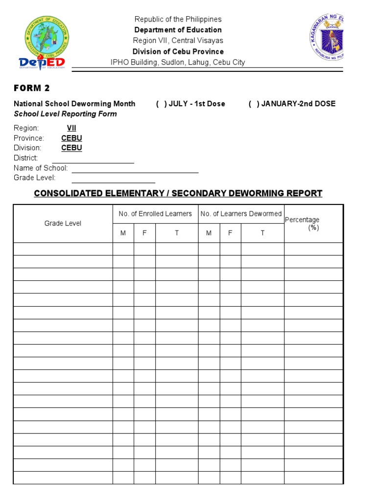 Form 2: Consolidated Elementary / Secondary Deworming Report | PDF ...