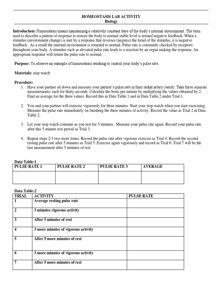 Homeostasis Lab Activity | PDF | Heart Rate | Pulse