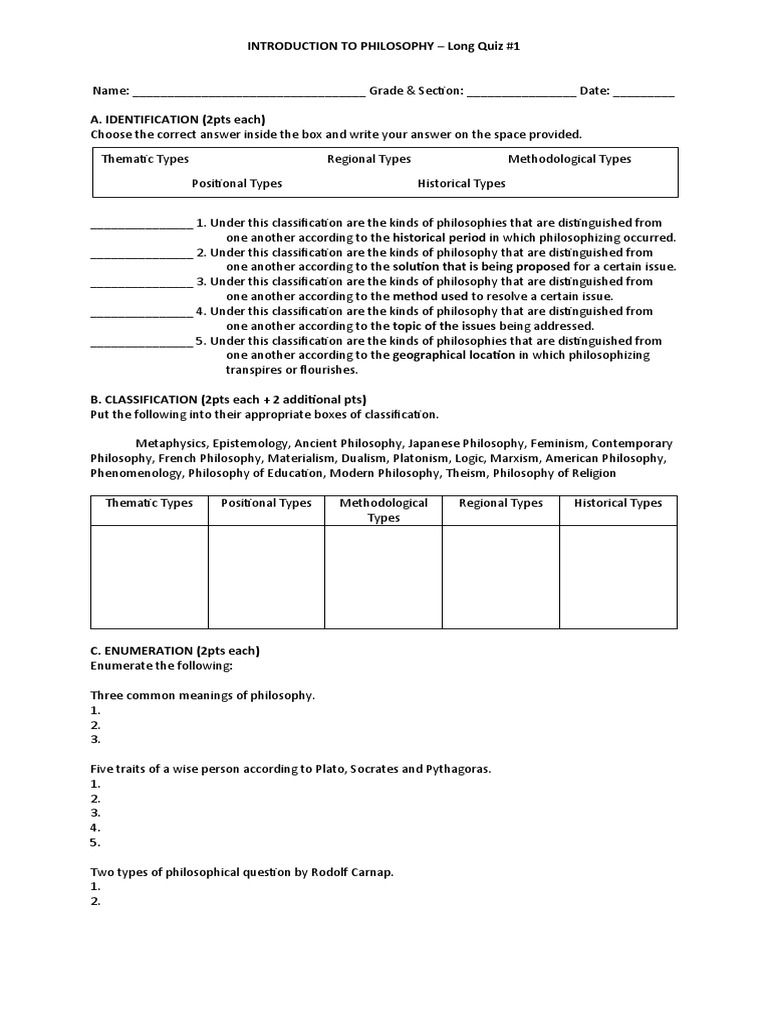 Introduction To Philosophy - Long Quiz #1 | PDF