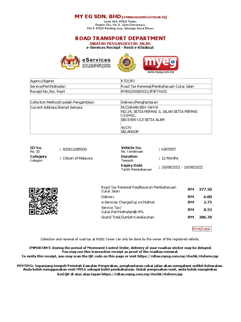Road Tax Renewal Receipt MYEG 2021 | PDF