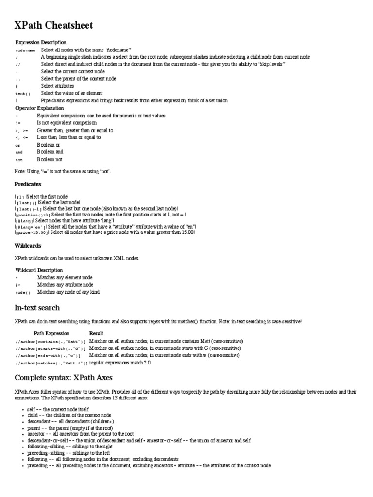 Xpath Cheatsheet: In-Text Search | PDF | X Path | Computer Programming